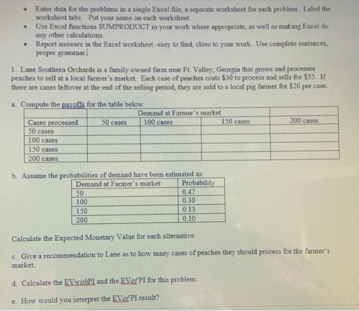 Solved Enter data for the problems in a single Excel file, a | Chegg.com