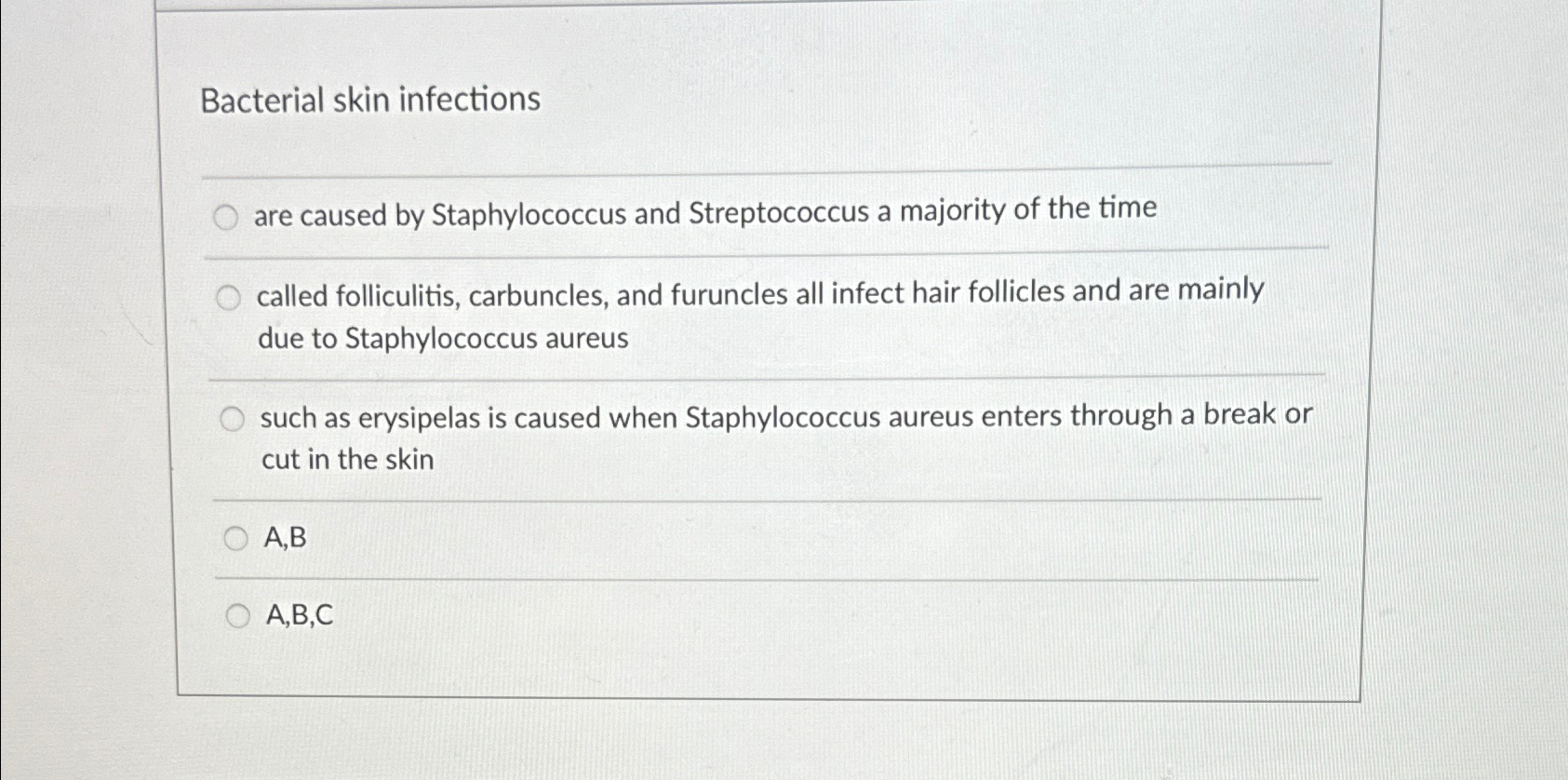 Solved Bacterial skin infectionsare caused by Staphylococcus | Chegg.com