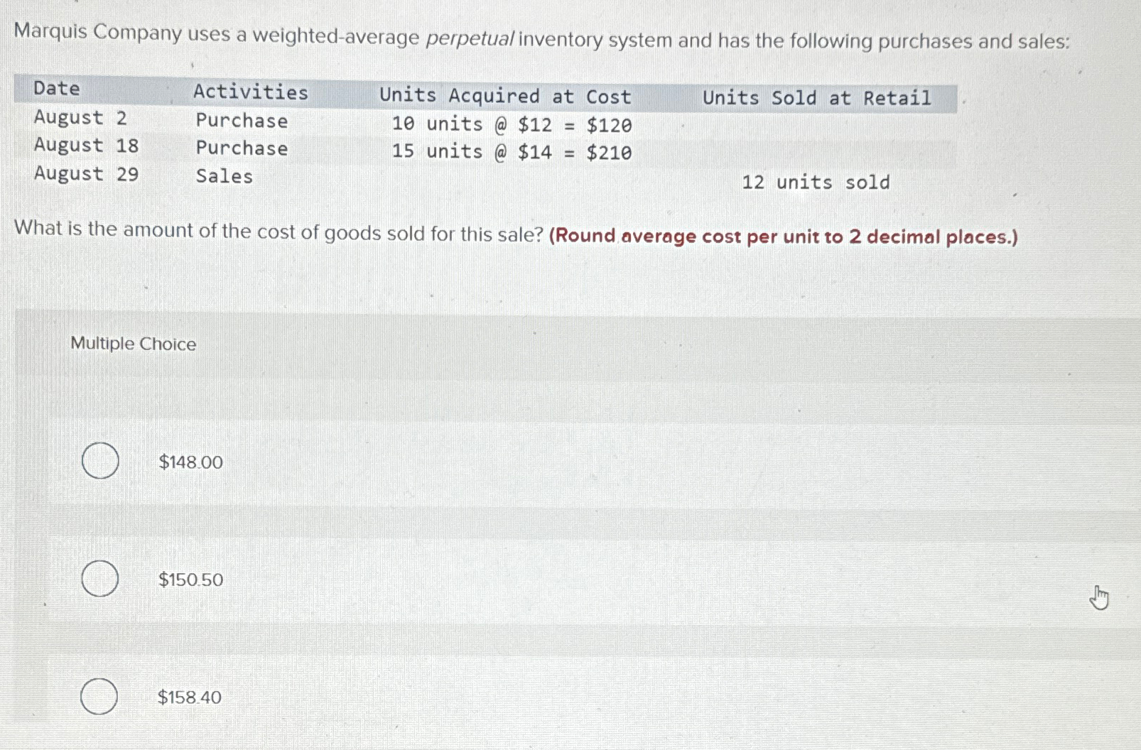 Solved Marquis Company uses a weighted-average perpetual | Chegg.com