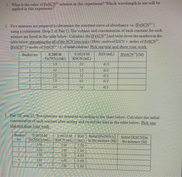 Solved 1. What is the color of FeSCN2+ solution in this | Chegg.com
