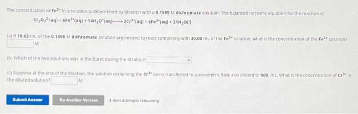 Solved The concentration of Fe2+ in a solution is determined | Chegg.com