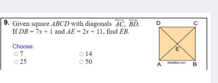 Solved D с 9. Given square ABCD with diagonals AC, BD. If DB | Chegg.com