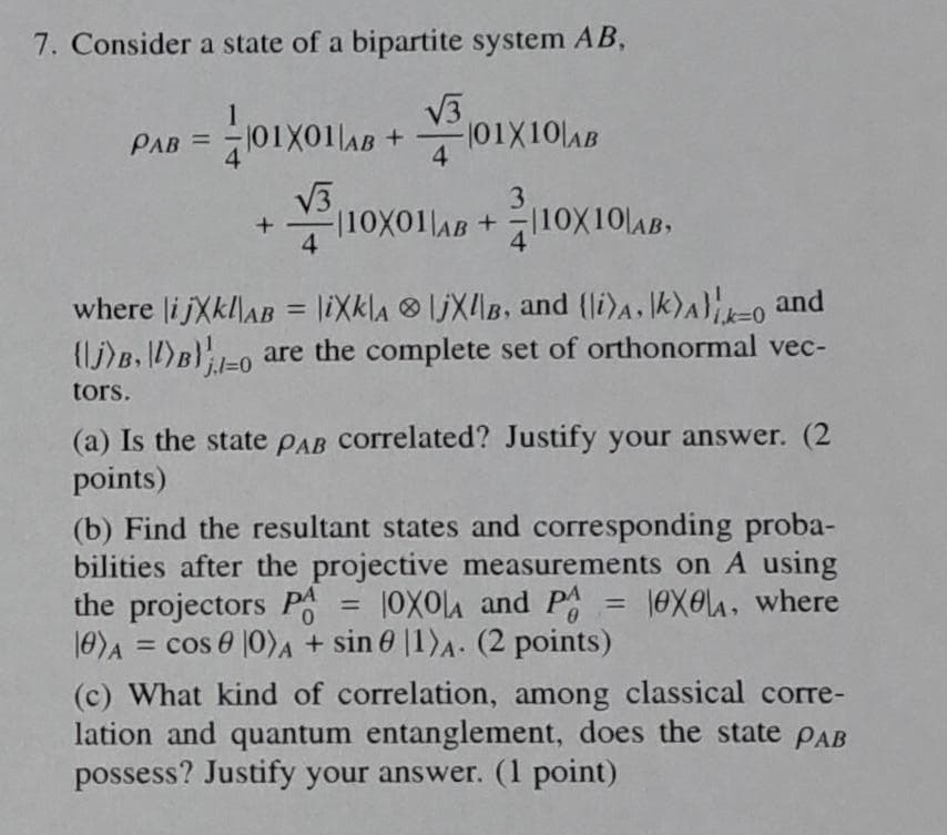 Solved Consider a state of a bipartite system | Chegg.com