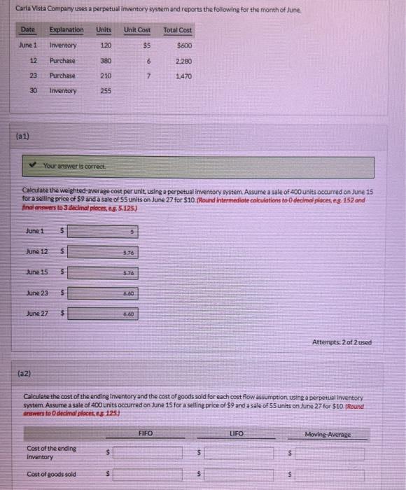 Solved Carla Vista Company uses a perpetual inventory system | Chegg.com