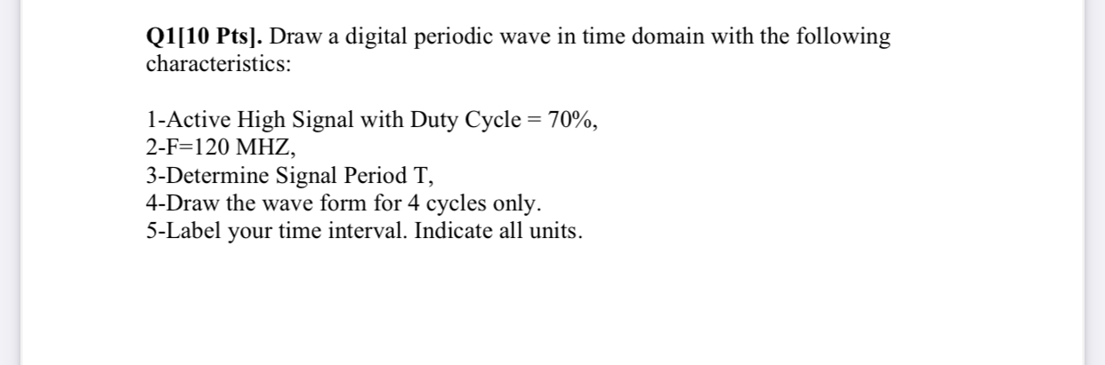 [Solved]: Q1[10 Pts]. Draw a digital periodic wave in time d