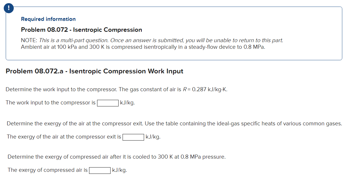 Solved Problem 08.072.a - ﻿Isentropic Compression Work | Chegg.com