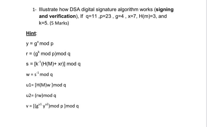 Solved 1- Illustrate how DSA digital signature algorithm | Chegg.com