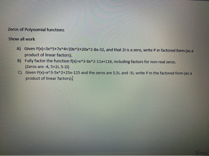 Solved Zeros of Polynomial functions Show all work A) Given | Chegg.com