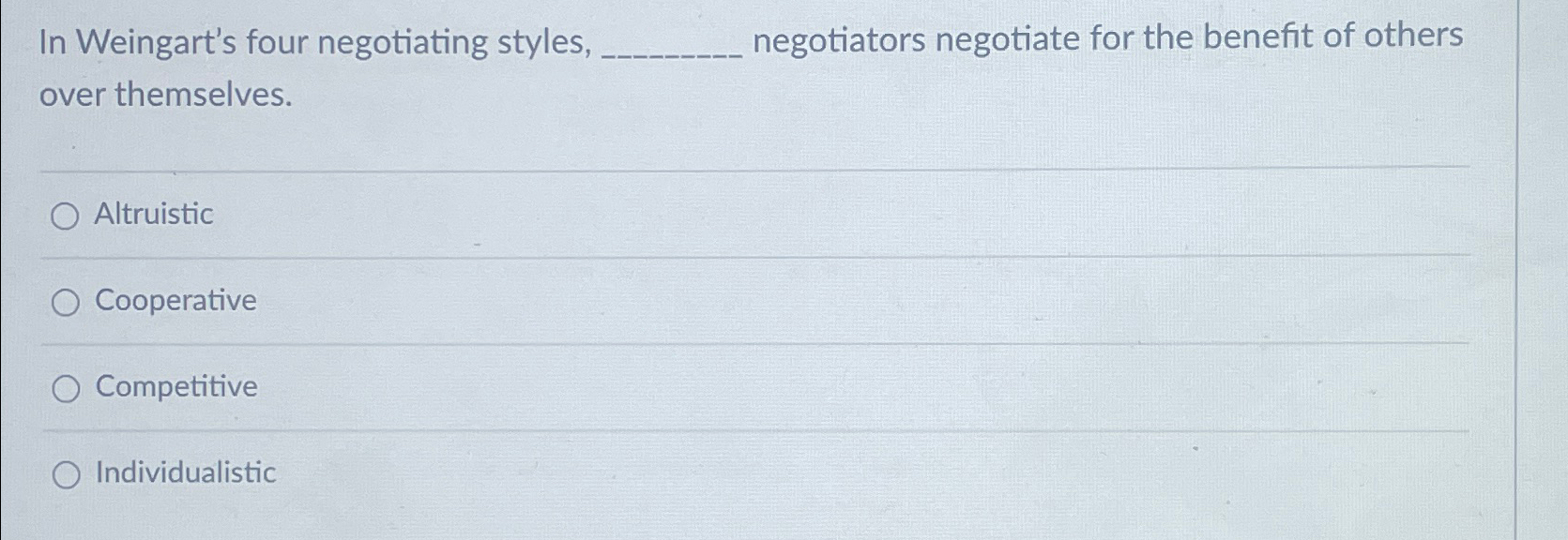 Solved In Weingart's four negotiating styles, ﻿negotiators | Chegg.com