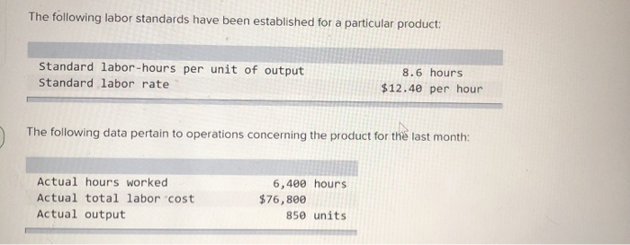 Solved The following labor standards have been established | Chegg.com