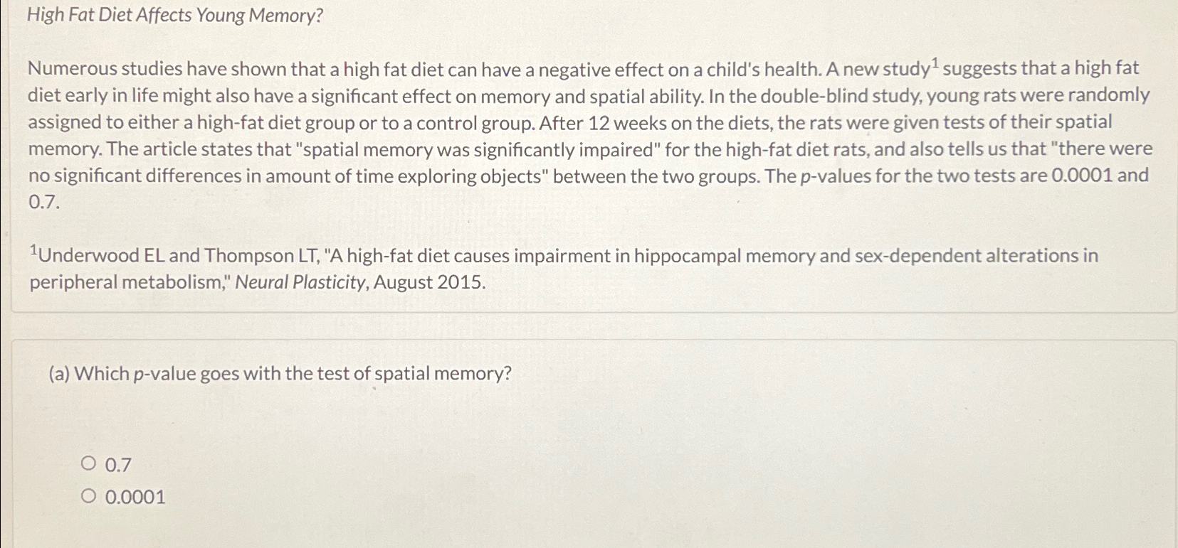 Solved High Fat Diet Affects Young Memory?Numerous studies | Chegg.com