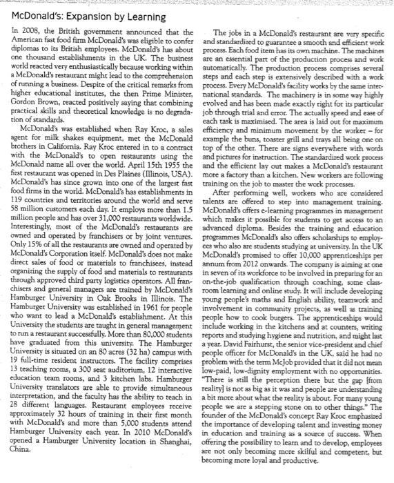 Solved McDonald's: Expansion by Learning In 2008, the | Chegg.com