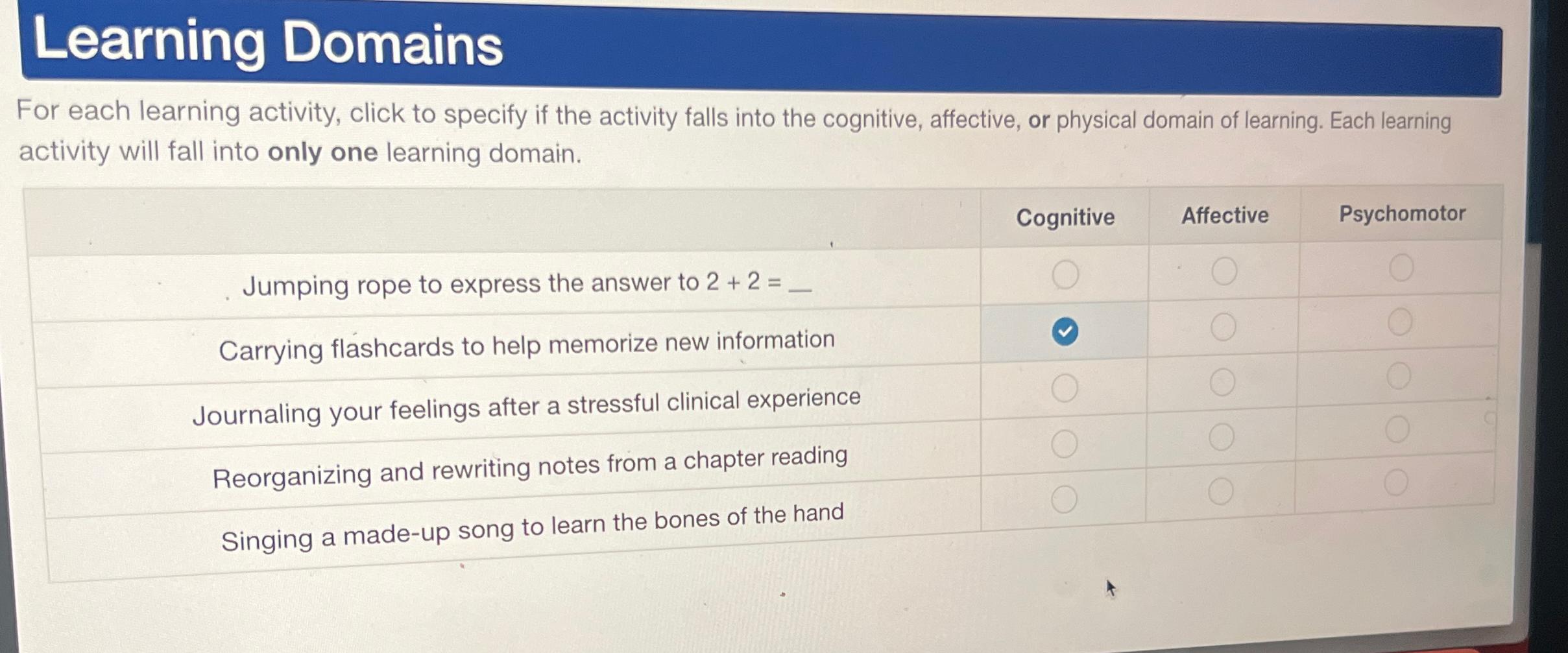 Solved Learning DomainsFor each learning activity, click to | Chegg.com