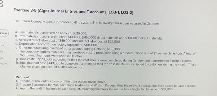 Solved Exercise 3-5 (Algo) Journal Entries and T-accounts | Chegg.com