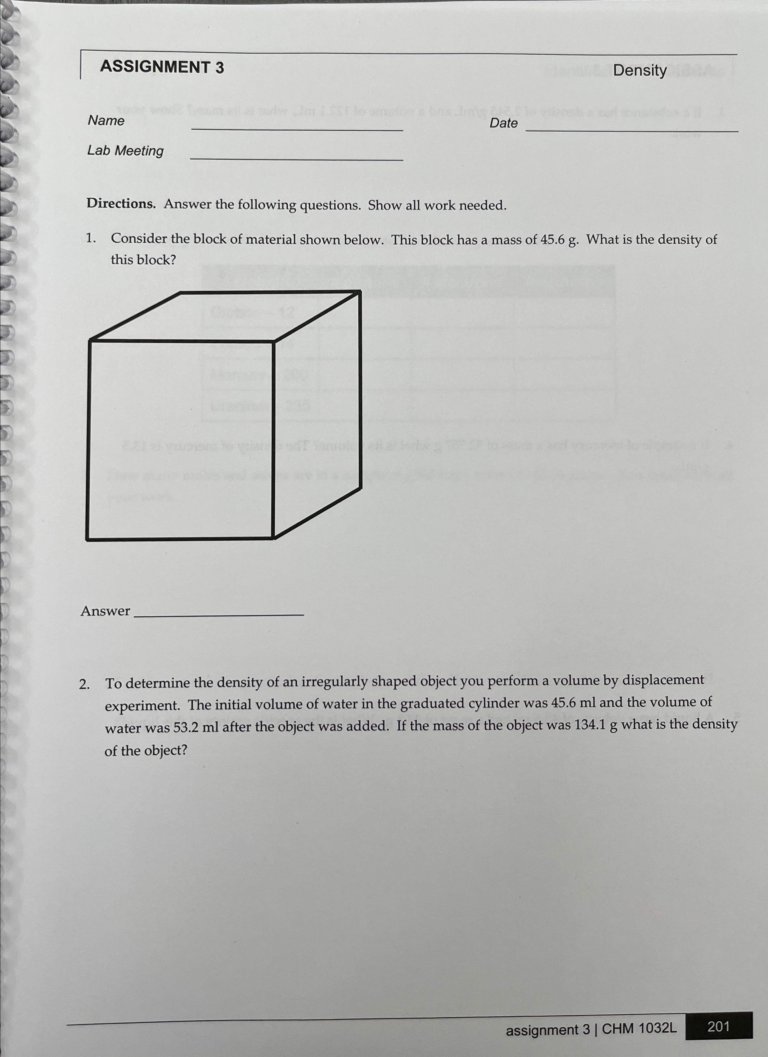 Solved ASSIGNMENT 3DensityNameDateLab Meeting q,Directions. | Chegg.com