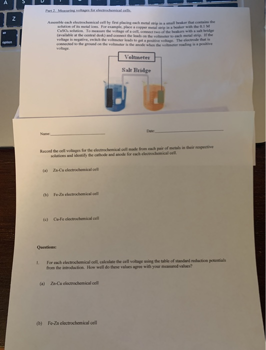 Solved Part 2 Mensuring voltages for electrochemical cells. | Chegg.com