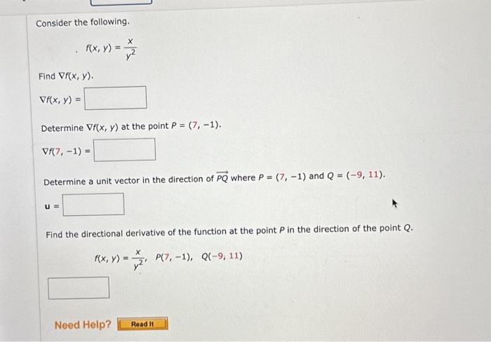 Solved Consider the following. f(x,y)=y2x Find ∇f(x,y). | Chegg.com