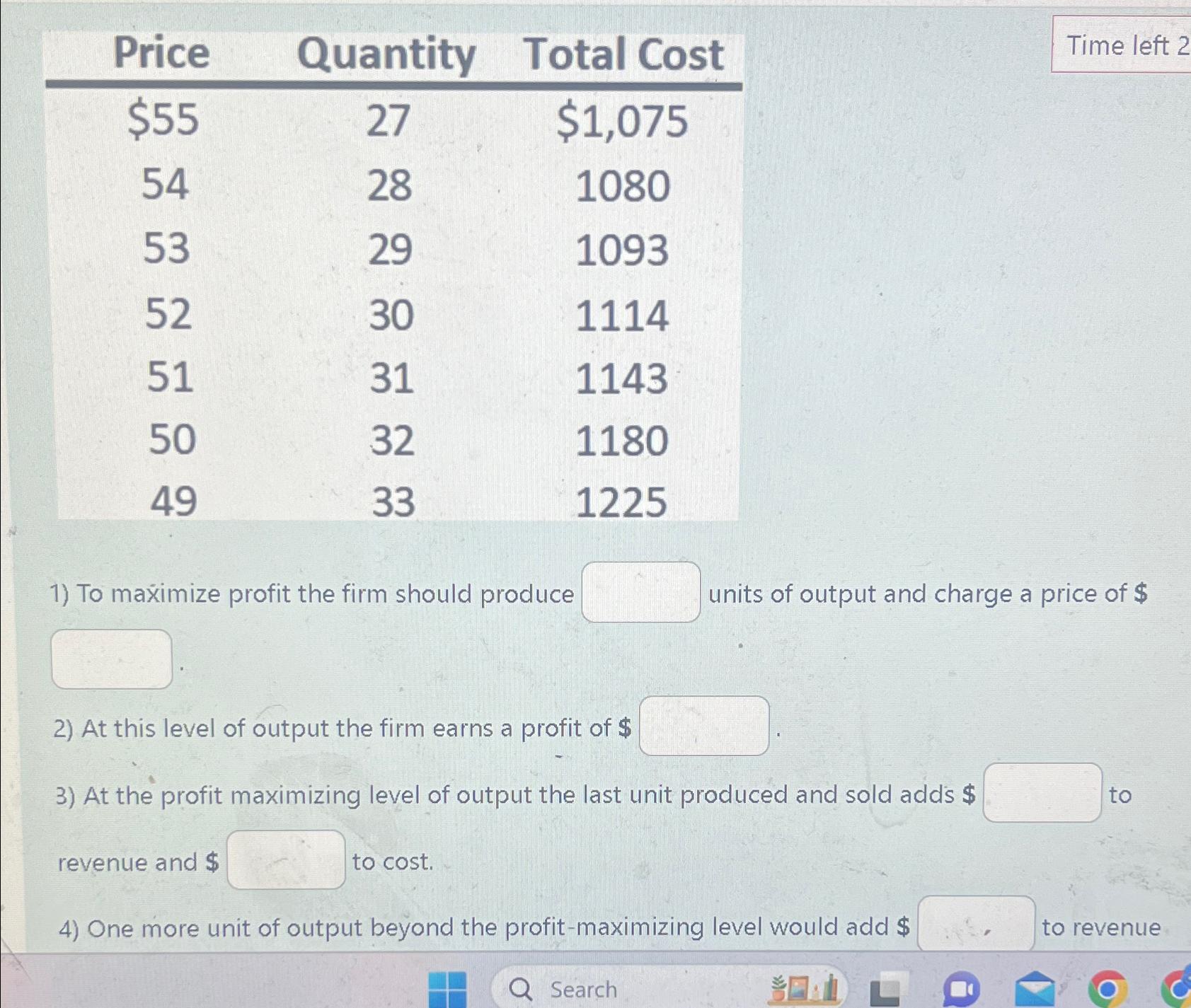 Solved \table[[Price,Quantity,Total Cost],[$55,27,$1,075 | Chegg.com