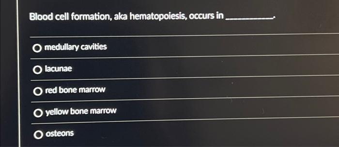Solved Blood cell formation, aka hematopoiesis, occurs in | Chegg.com