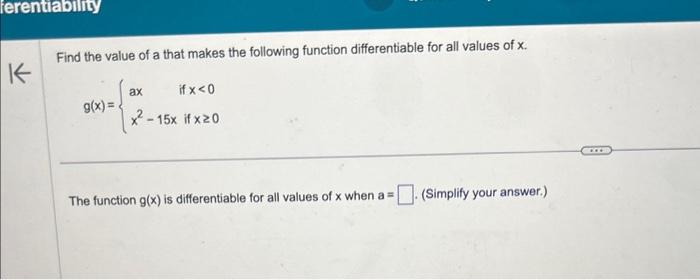 Solved Find the value of a that makes the following function | Chegg.com