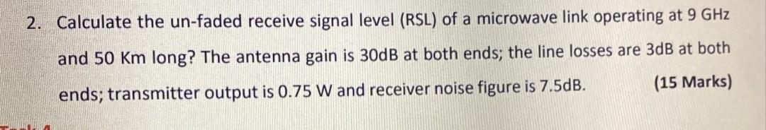 Solved 2. Calculate the un-faded receive signal level (RSL) | Chegg.com