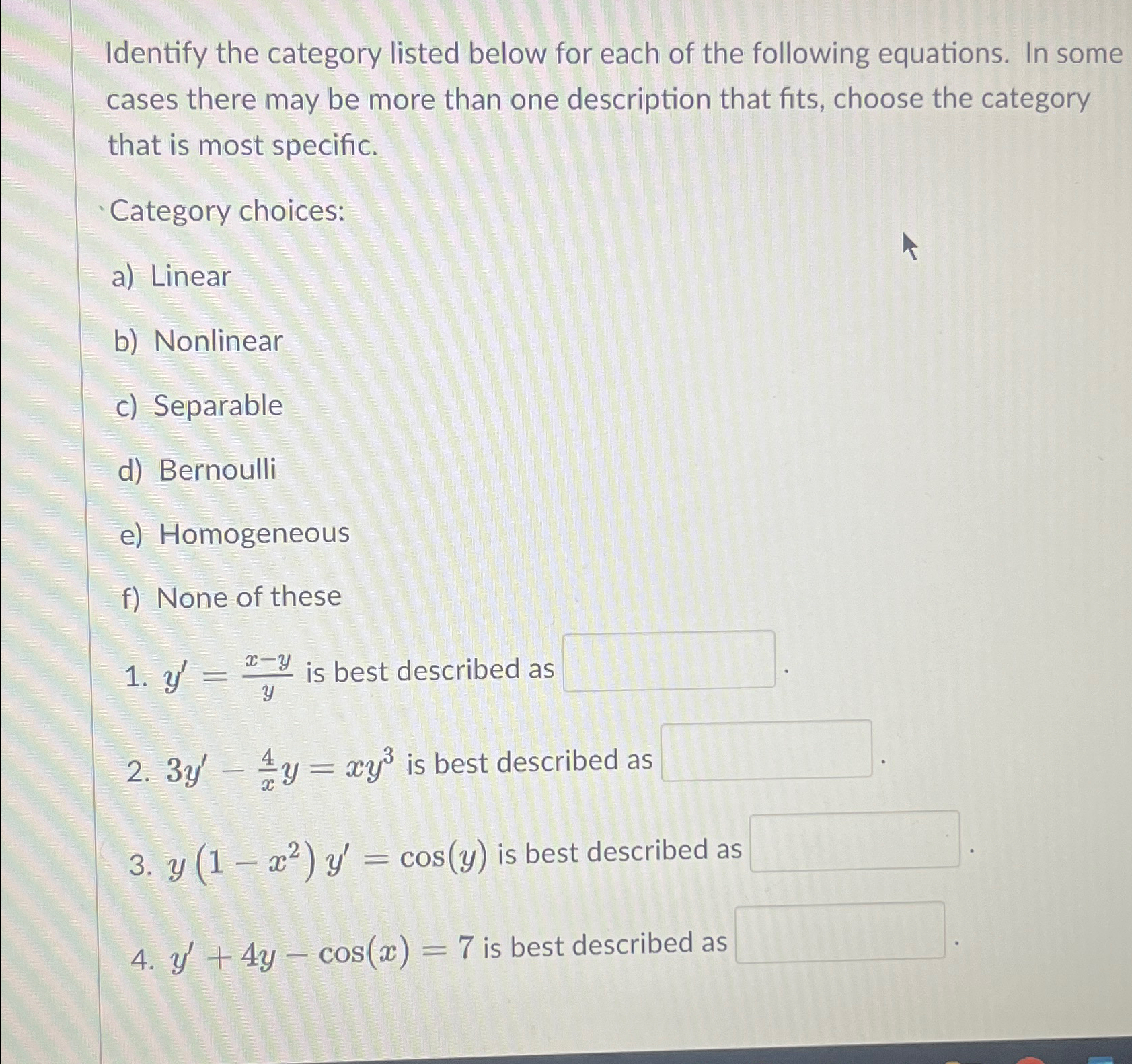Solved Identify the category listed below for each of the | Chegg.com