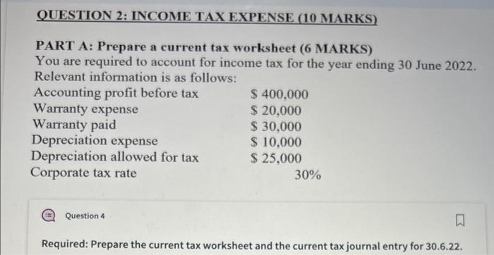 Solved PART A: Prepare a current tax worksheet (6 MARKS) You | Chegg.com