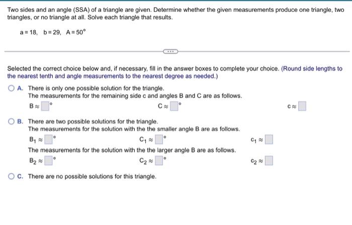 Solved Two sides and an angle (SSA) of a triangle are given. | Chegg.com