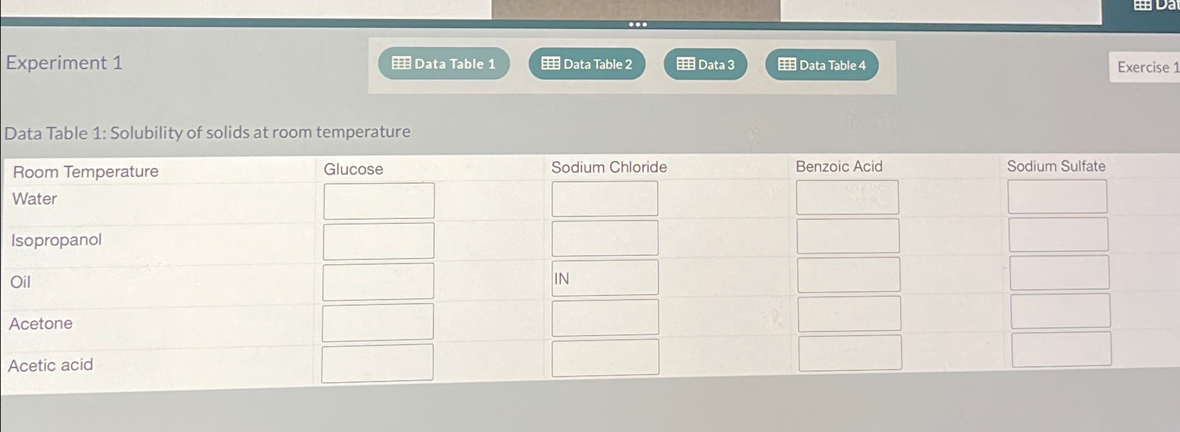 Solved Experiment 1Exercise 1Data Table 1: Solubility of | Chegg.com