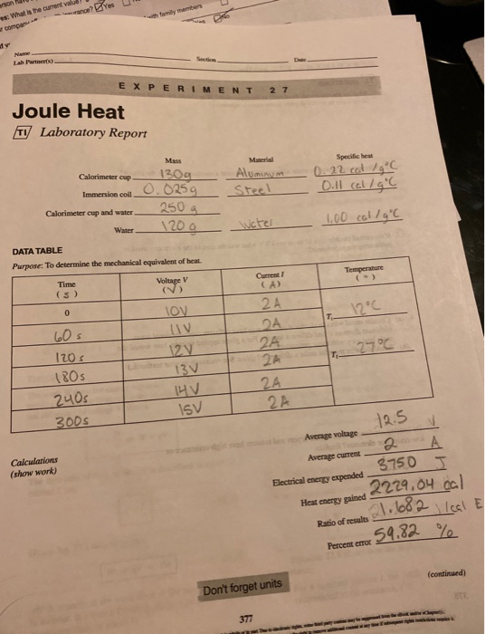 EXPERIMENT 27 Joule Heat Laboratory Report TI | Chegg.com