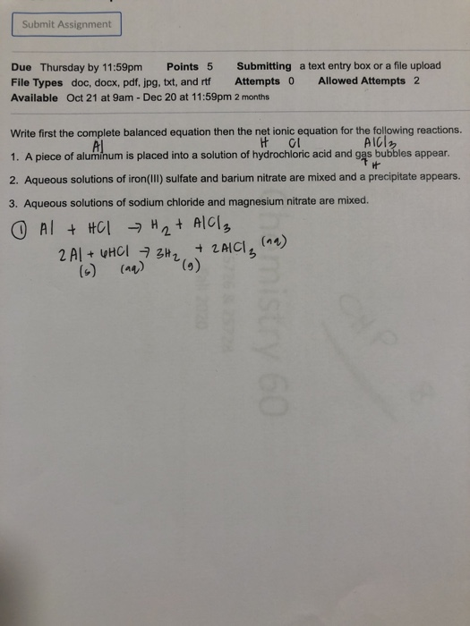 Solved 2 Al + VHCL 3A 2) Submit Assignment Due Thursday by | Chegg.com