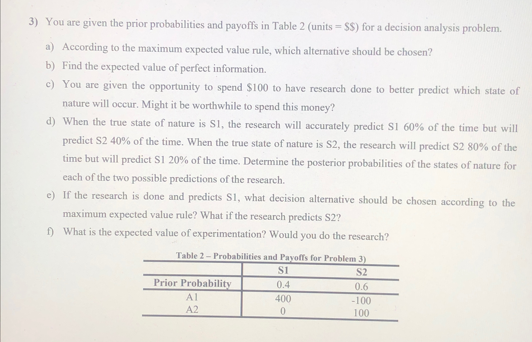 Solved You are given the prior probabilities and payoffs in | Chegg.com