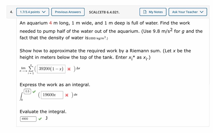 Solved 1.7/3.4 points Previous Answers SCALCET8 6.4.021. My | Chegg.com