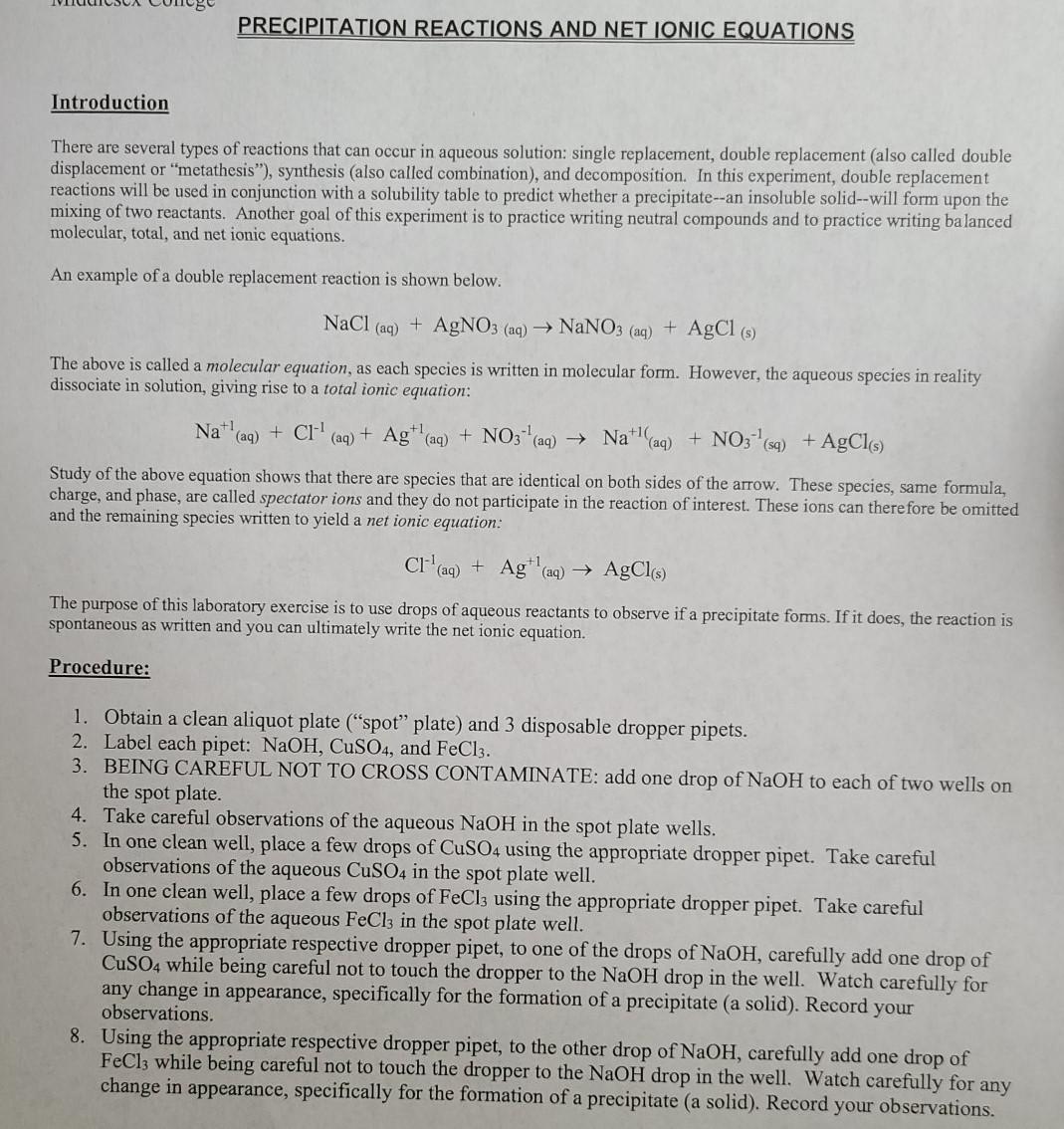 PRECIPITATION REACTIONS AND NET IONIC EQUATIONS | Chegg.com