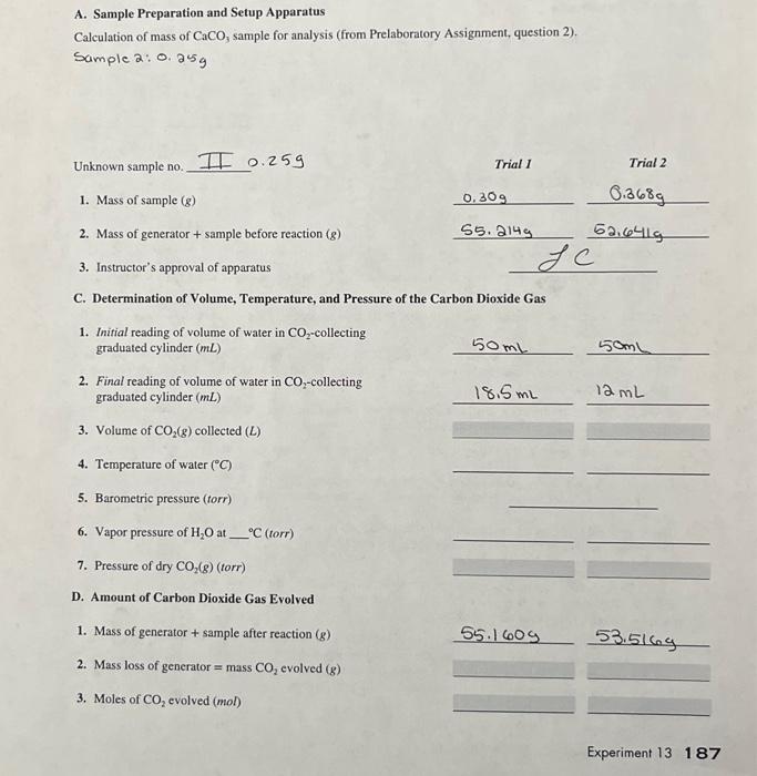Solved Experiment 13 Report SheetA Carbonate Analysis: Molar | Chegg.com
