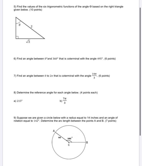 Solved 5) Find the values of the six trigonometric functions | Chegg.com