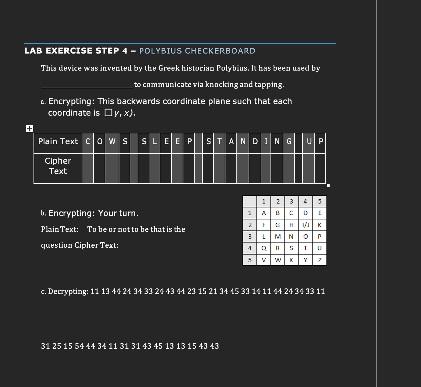 Solved LAB EXERCISE STEP 4 - ﻿POLYBIUS CHECKERBOARDThis | Chegg.com