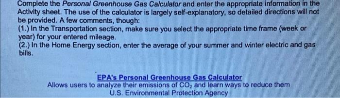 Solved Complete the Personal Greenhouse Gas Calculator and | Chegg.com