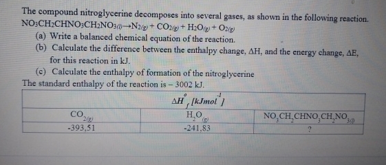 The compound nitroglycerine decomposes into several | Chegg.com