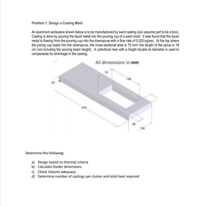 Solved Problem 1: Design a Casting Mold An aluminum | Chegg.com
