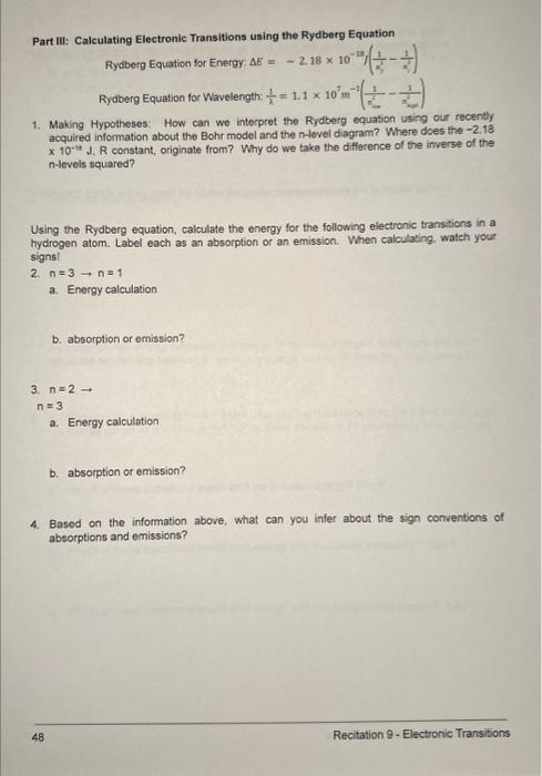 Solved Part IIt: Calculating Electronic Transitions using | Chegg.com