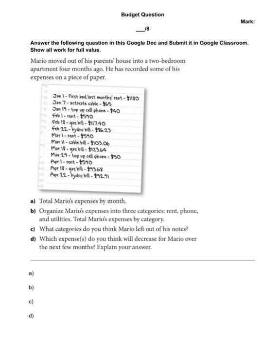 Solved Budget Question Mark: Answer the following question | Chegg.com