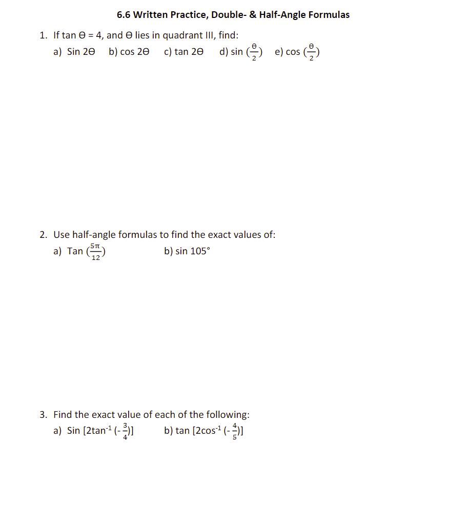 Solved 6.6 ﻿Written Practice, Double- ﻿& Half-Angle | Chegg.com