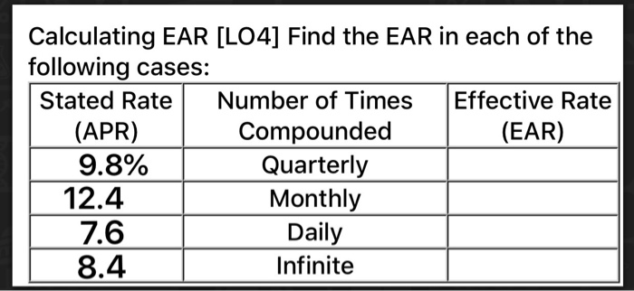 Solved Calculating EAR [LO4] Find the EAR in each of the | Chegg.com
