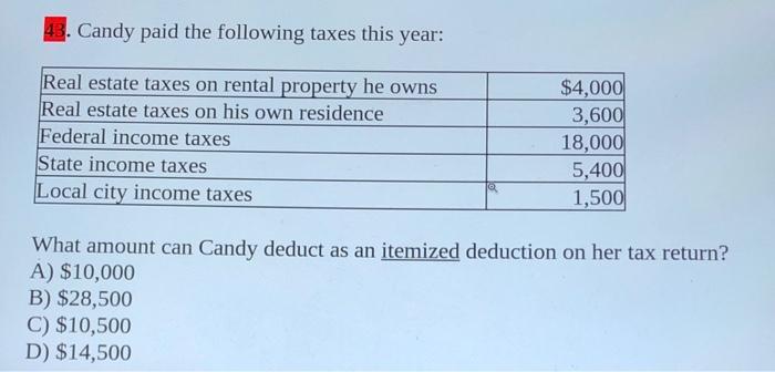 Solved Candy paid the following taxes this year: Real estate | Chegg.com