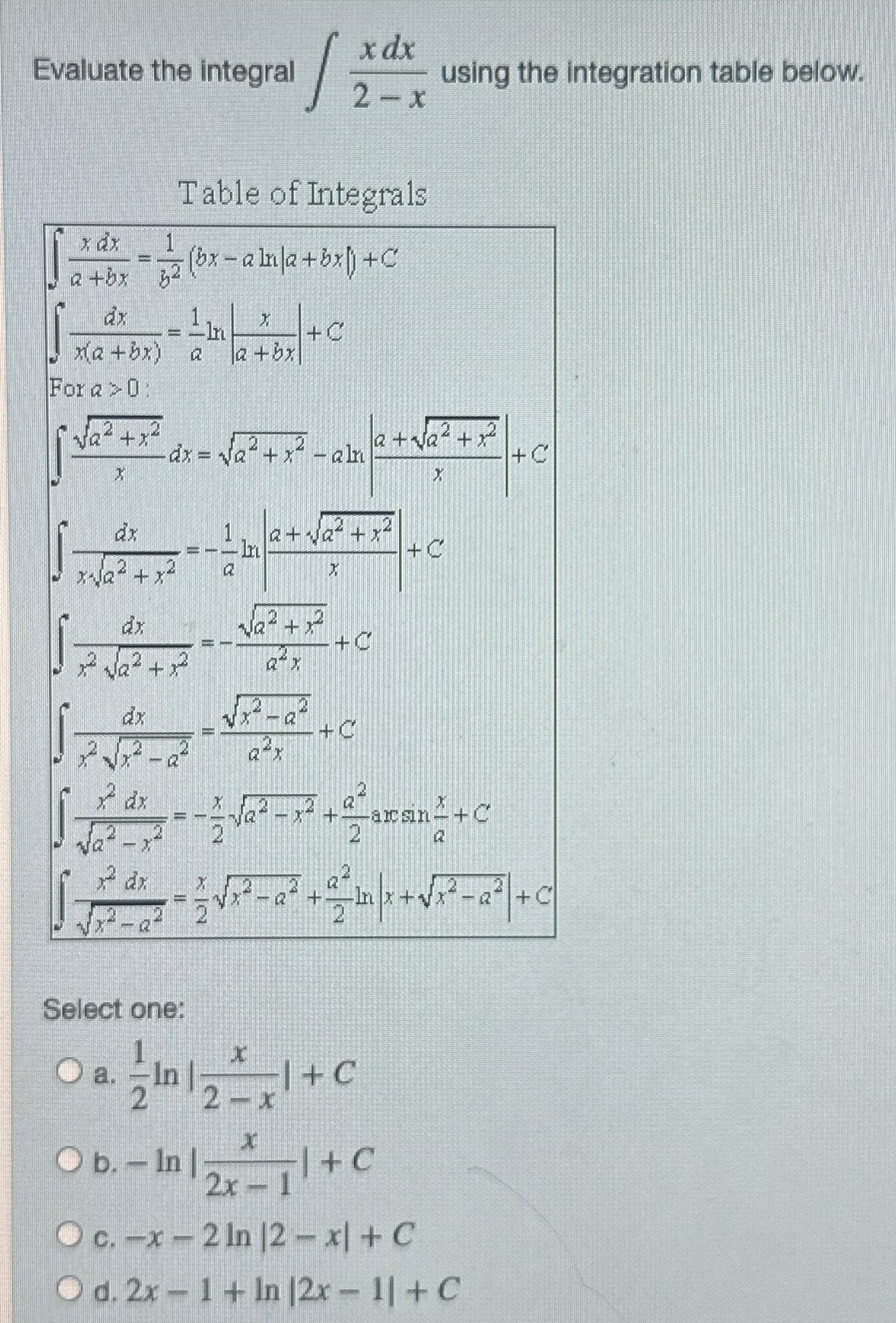 Solved Evaluate the integral ∫﻿﻿xdx2-x ﻿using the | Chegg.com