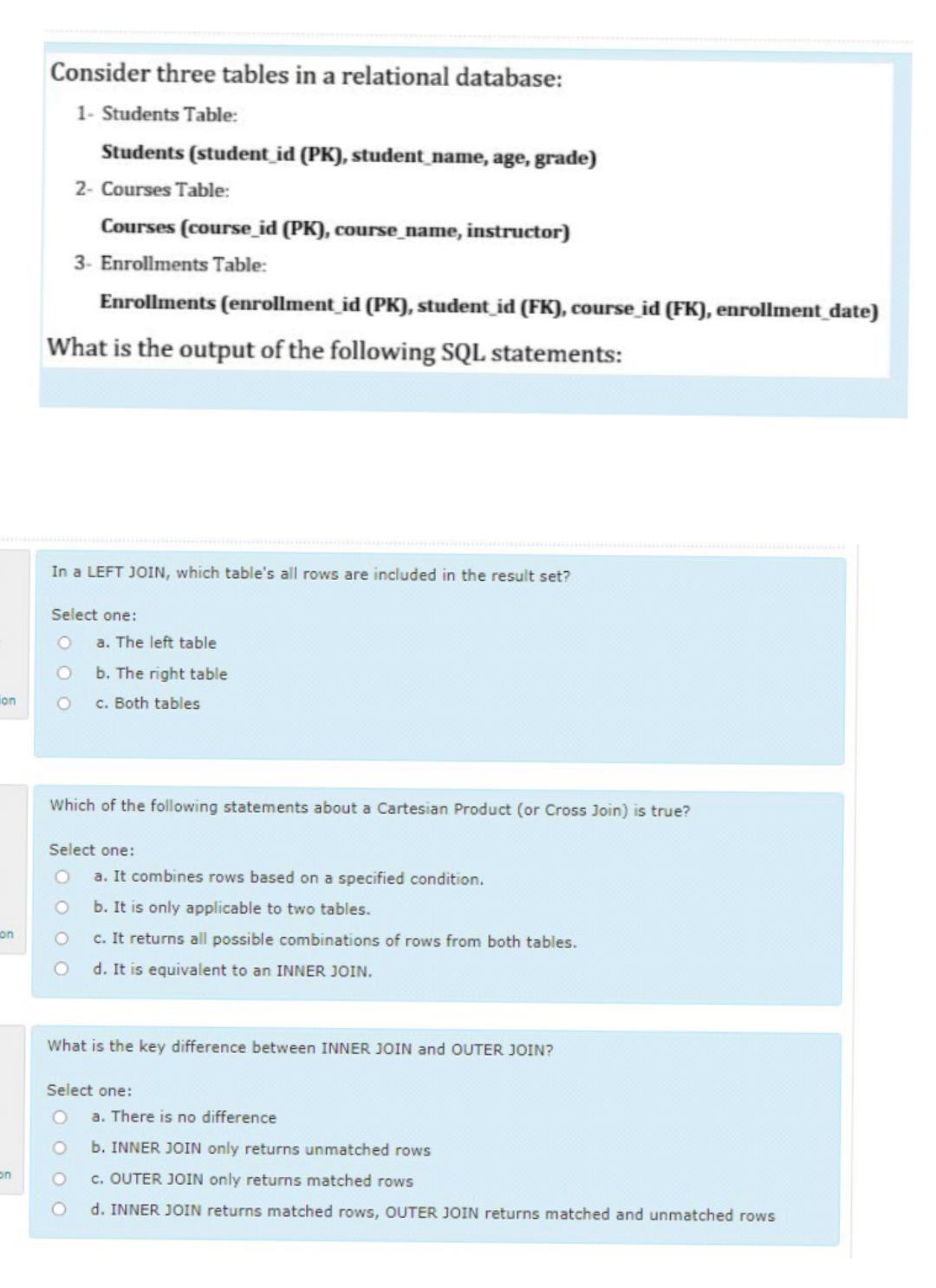 Solved Consider three tables in a relational database:1- | Chegg.com