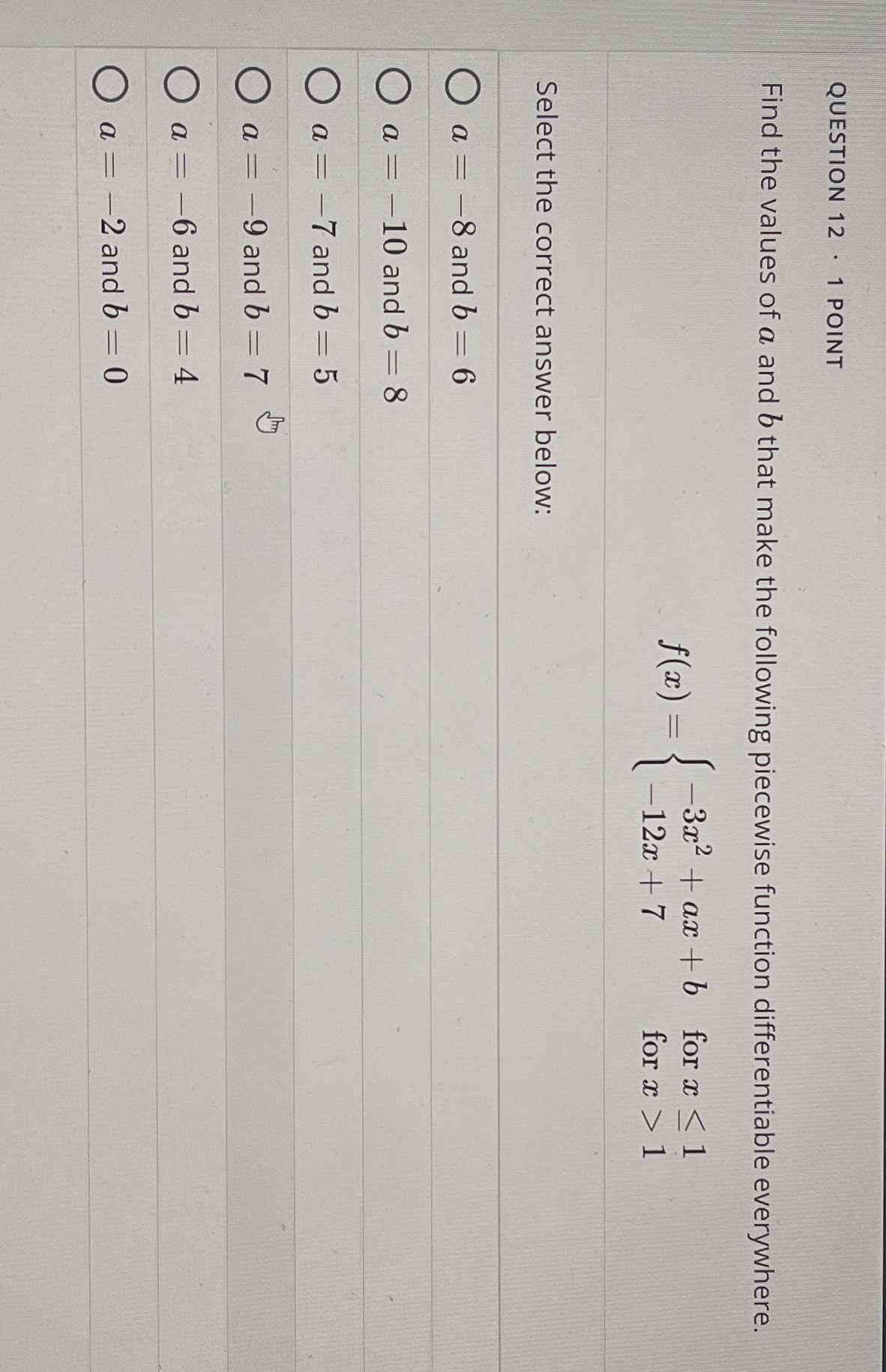 Solved QUESTION 12 - 1 ﻿POINTFind the values of a and b | Chegg.com