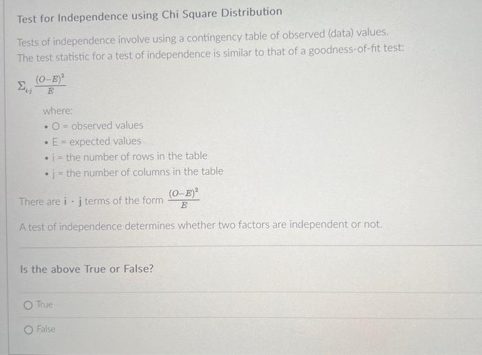 Solved Test for Independence using Chi Square Distribution | Chegg.com