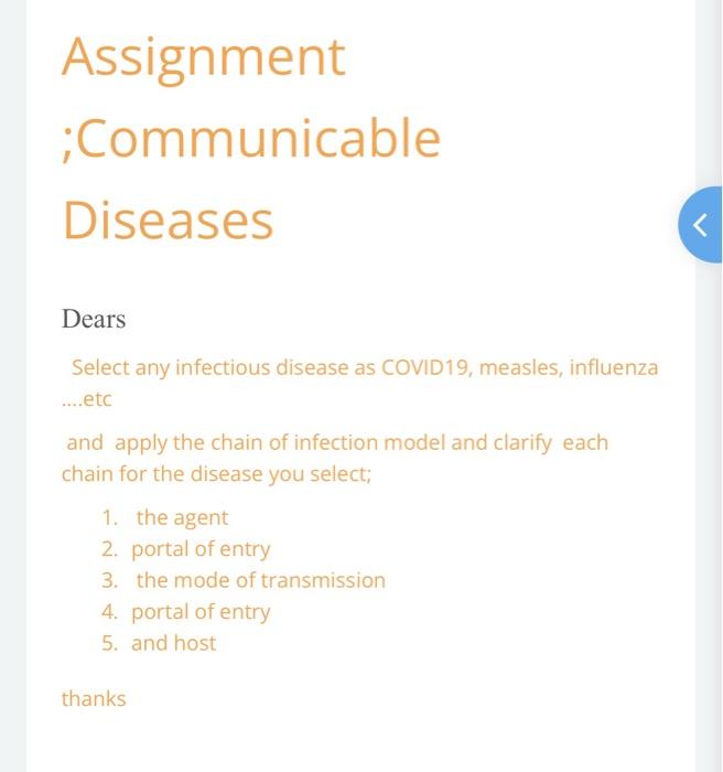 Solved Assignment ;Communicable Diseases ( Dears Select any | Chegg.com